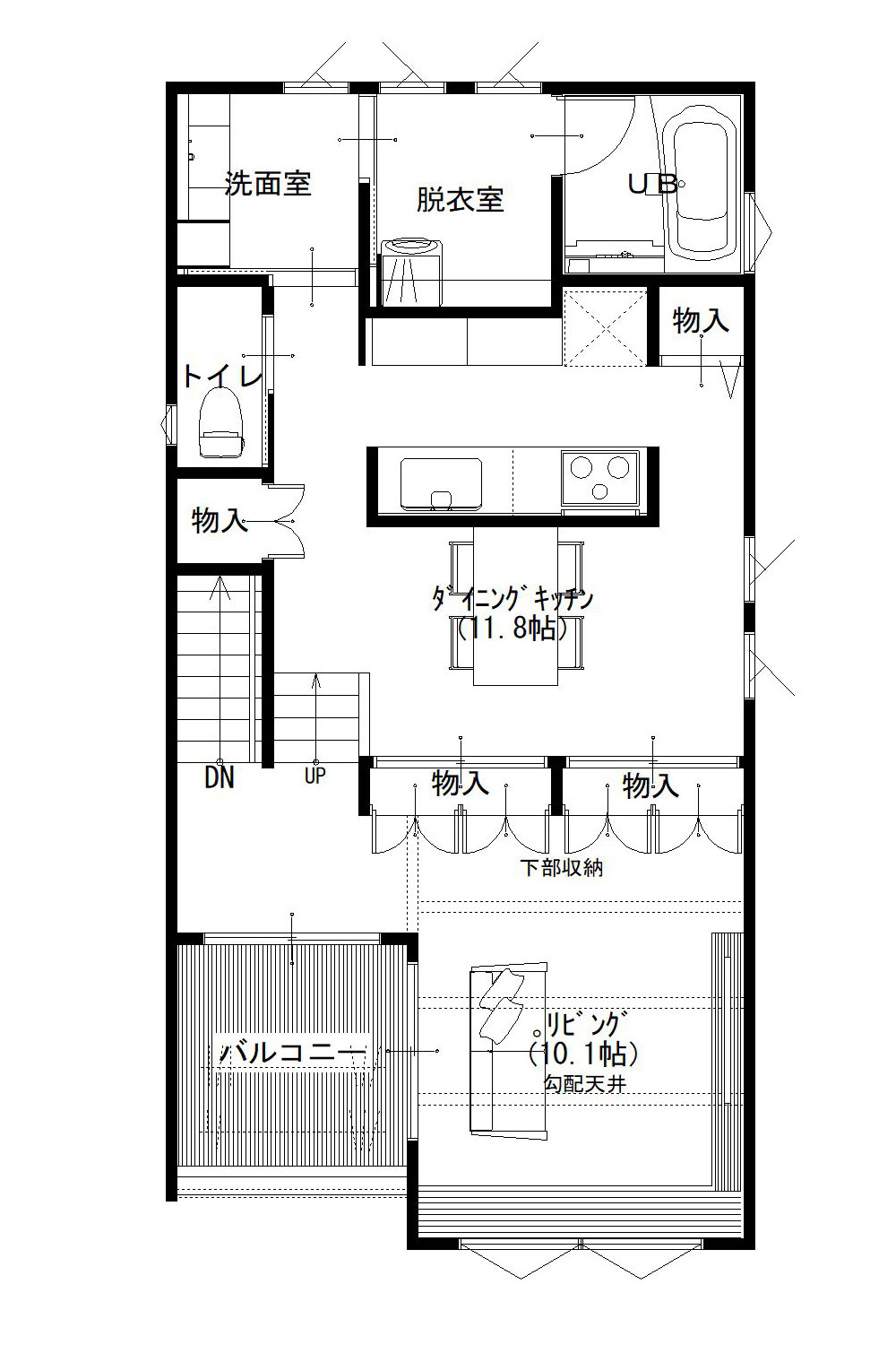 33坪2LDKの間取りの独立したリビングで生活感を切り離すインナーガレージのある2階建て住宅|白山市で30坪の間取りの注文住宅・平屋は千代野建設